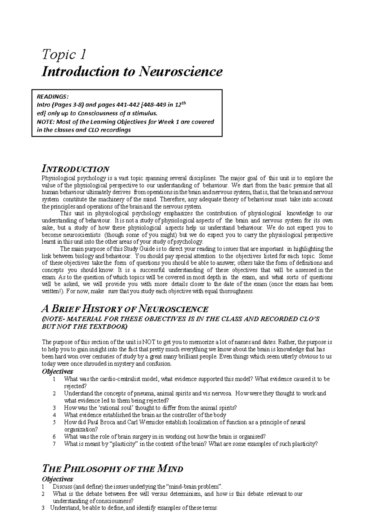 T1 2020 Study Guide 4 - Topic 1 Introduction to Neuroscience ...