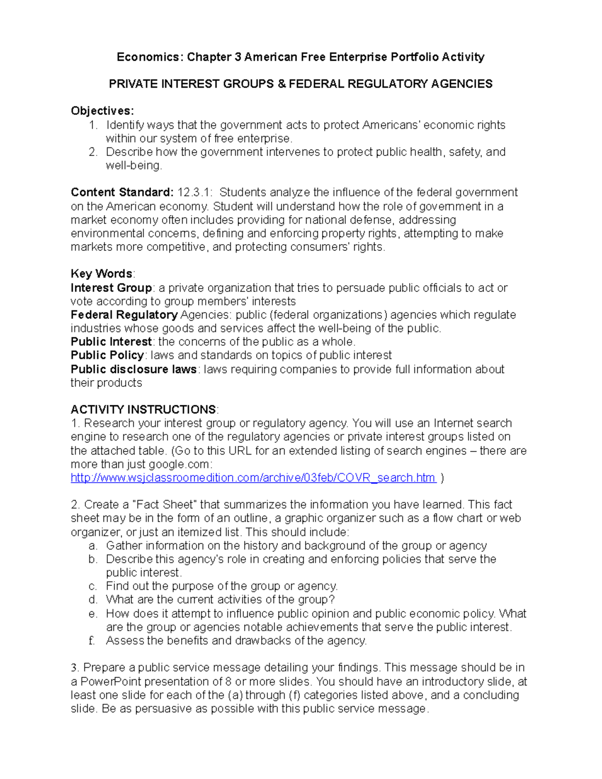 Public Interst group Ch 3 activity - Economics: Chapter 3 American Free ...