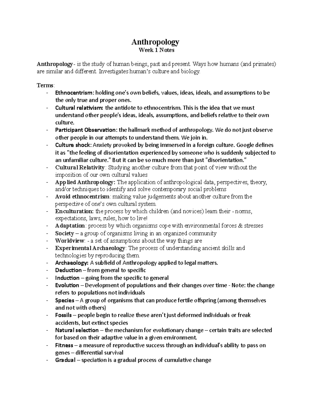 Intro to ant. week 1 - Week 1 of anthropology lecture notes ...