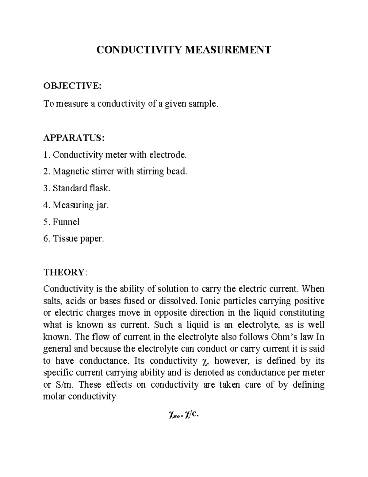 Lab experiment - CONDUCTIVITY MEASUREMENT OBJECTIVE: To measure a ...