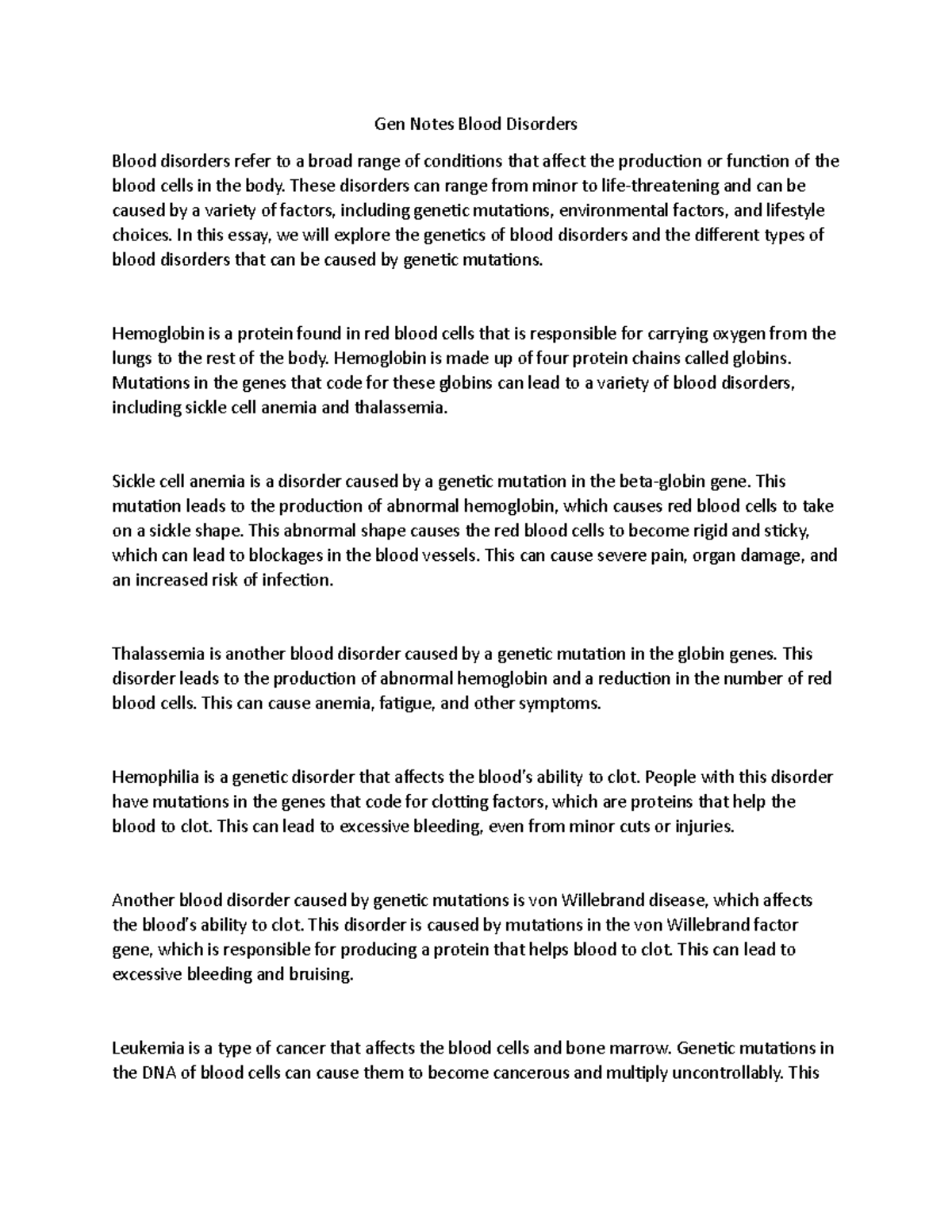 Gen Notes Blood Disorders - Gen Notes Blood Disorders Blood disorders ...