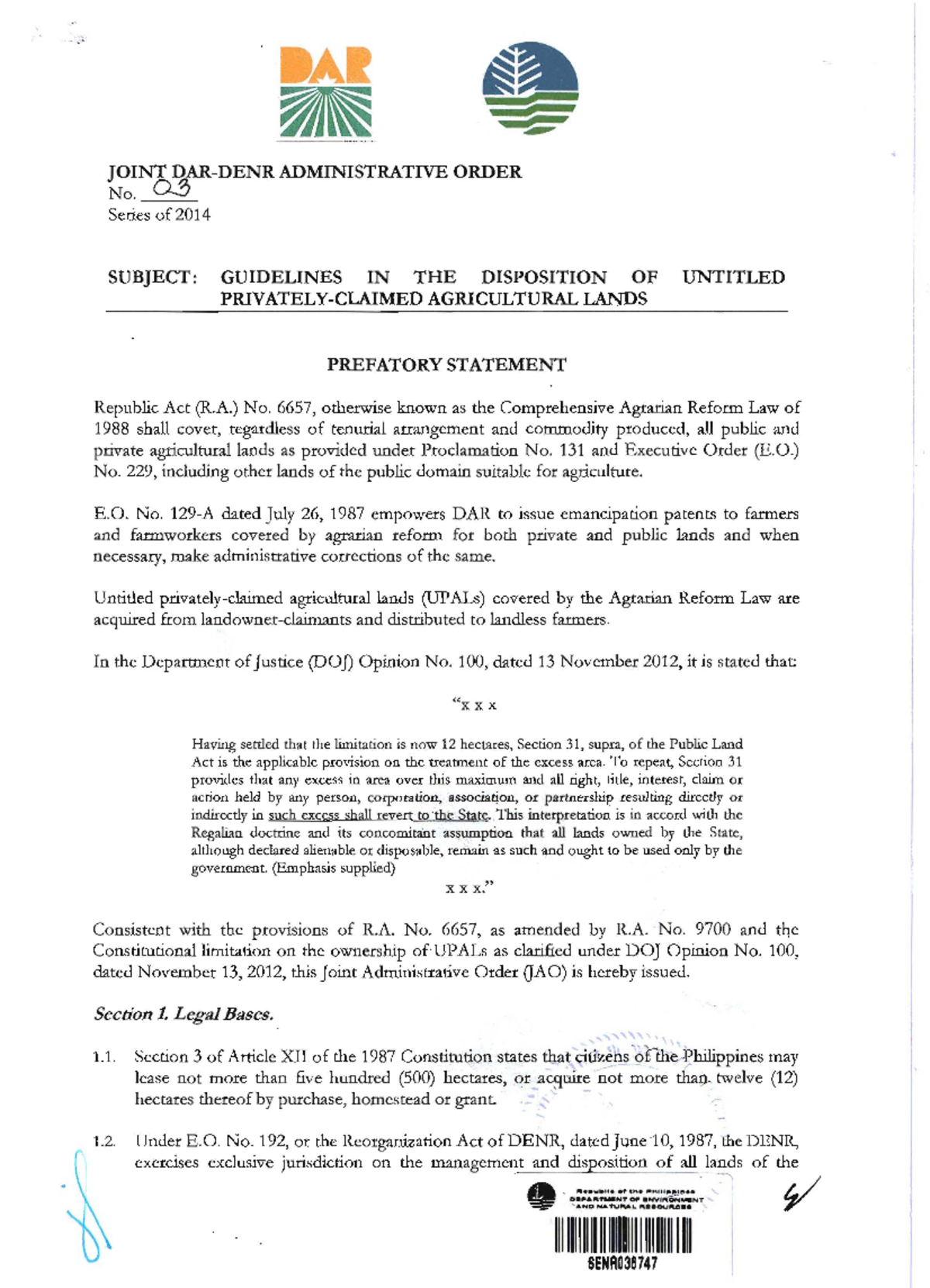 DAR AO3 2014 - Law - I JOINT DAR-DENR ADMINISTRATIVE ORDER No. 0 ...