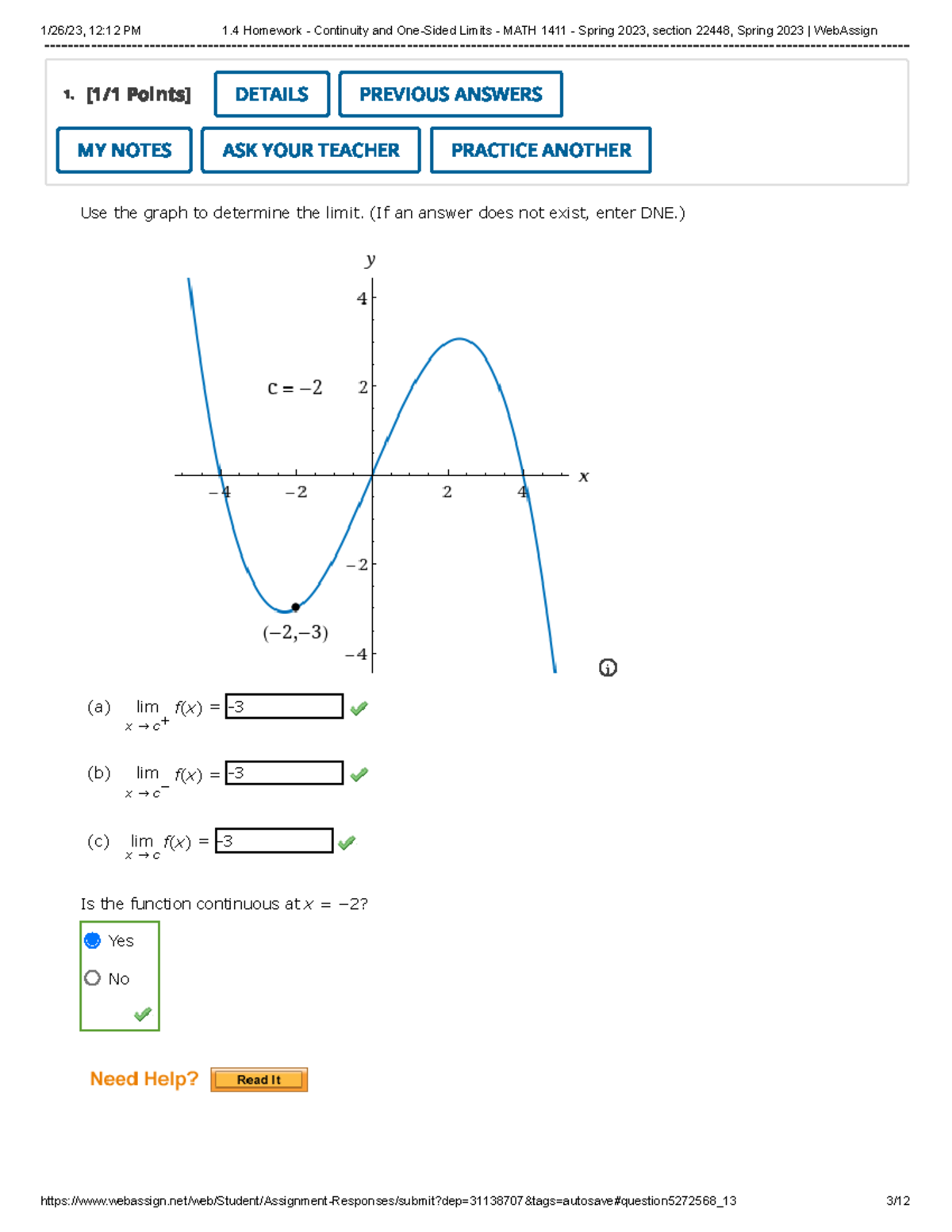 1.4 Homework - Continuity and One-Sided Limits - Use the graph to ...