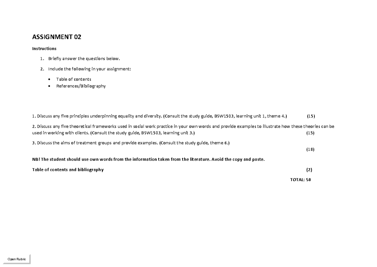 BSW1503 Assignment 02 2023 - ASSIGNMENT 02 Instructions Briefly answer ...