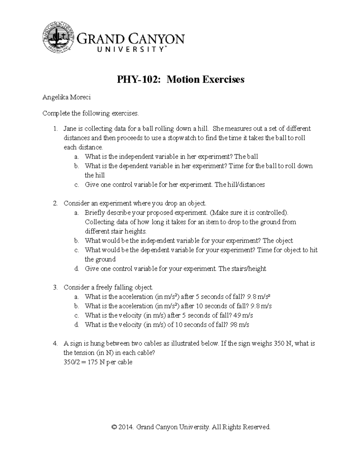 PHY 102 RS Motion Exercises - PHY-102 - GCU - Studocu