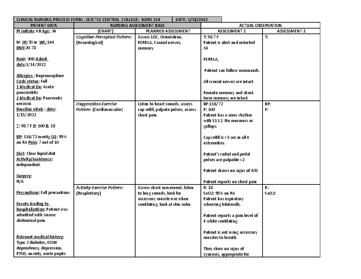 patient plan for the day - CLINICAL NURSING PROCESS FORM : SEATTLE ...