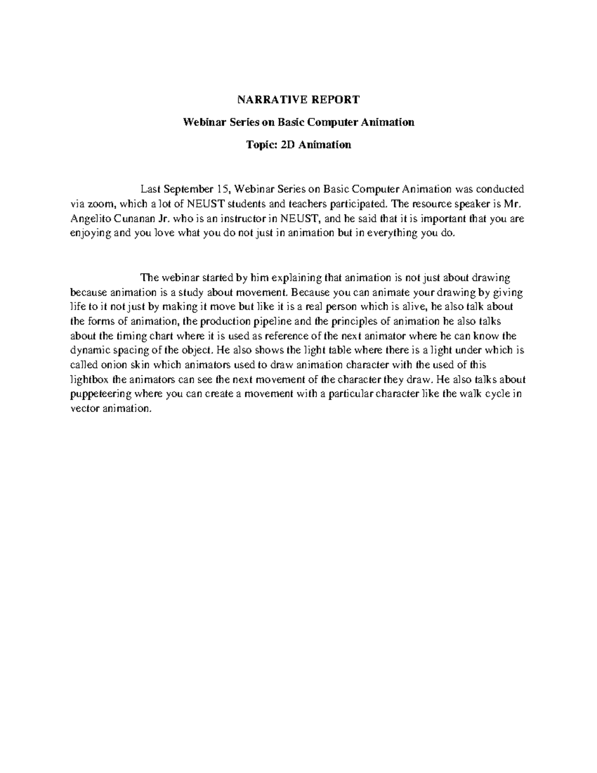 Narrative Report - Webinar Series on Basic Computer Animation Topic: 2D ...