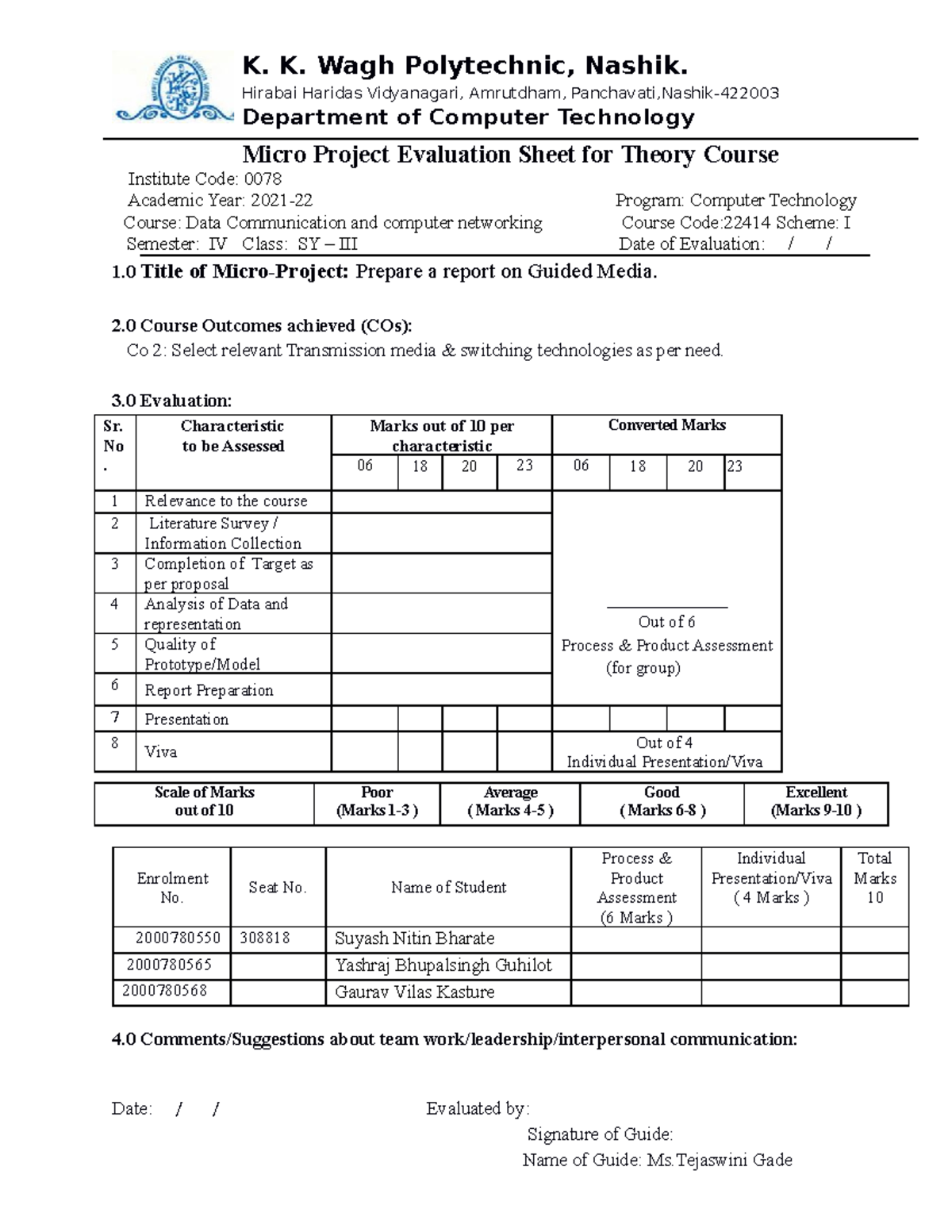 DCC Microproject Evaluation sheet - K. K. Wagh Polytechnic, Nashik. Hirabai Haridas Vidyanagari ...