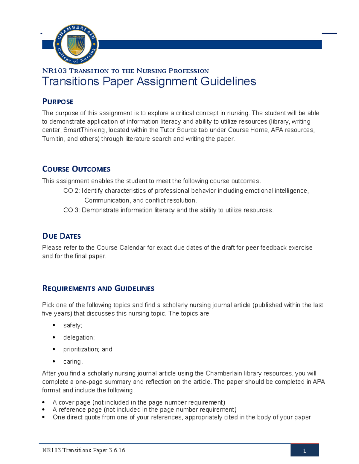 NR103 Transitions Paper Assignment Guidelines - Transitions Paper Assignment Guidelines PURPOSE ...