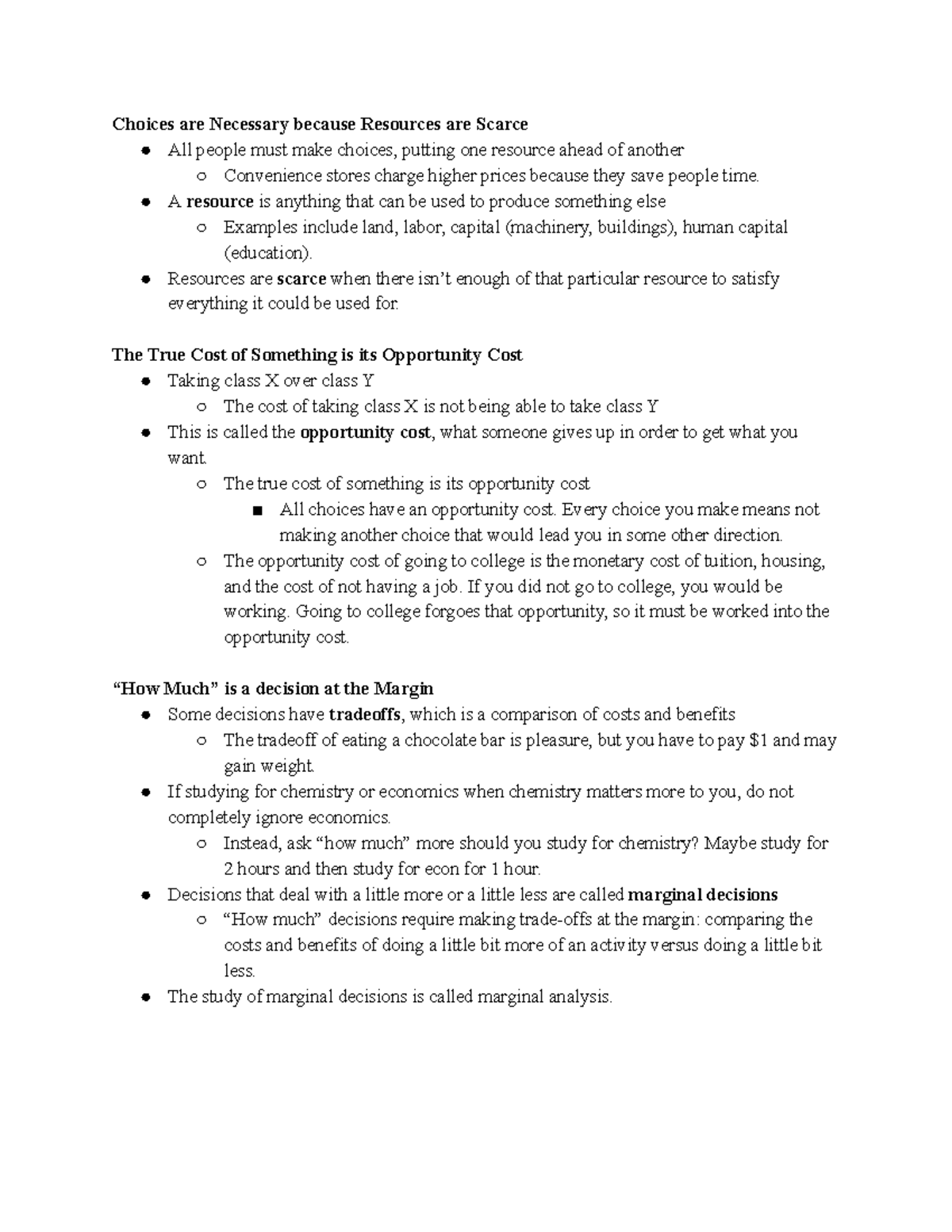 Micro Chapter 1 Notes - Choices are Necessary because Resources are ...