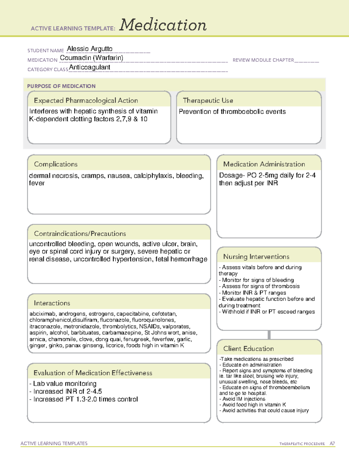 Coumadin - AAAAAAAA - ACTIVE LEARNING TEMPLATES TherapeuTic procedure A ...