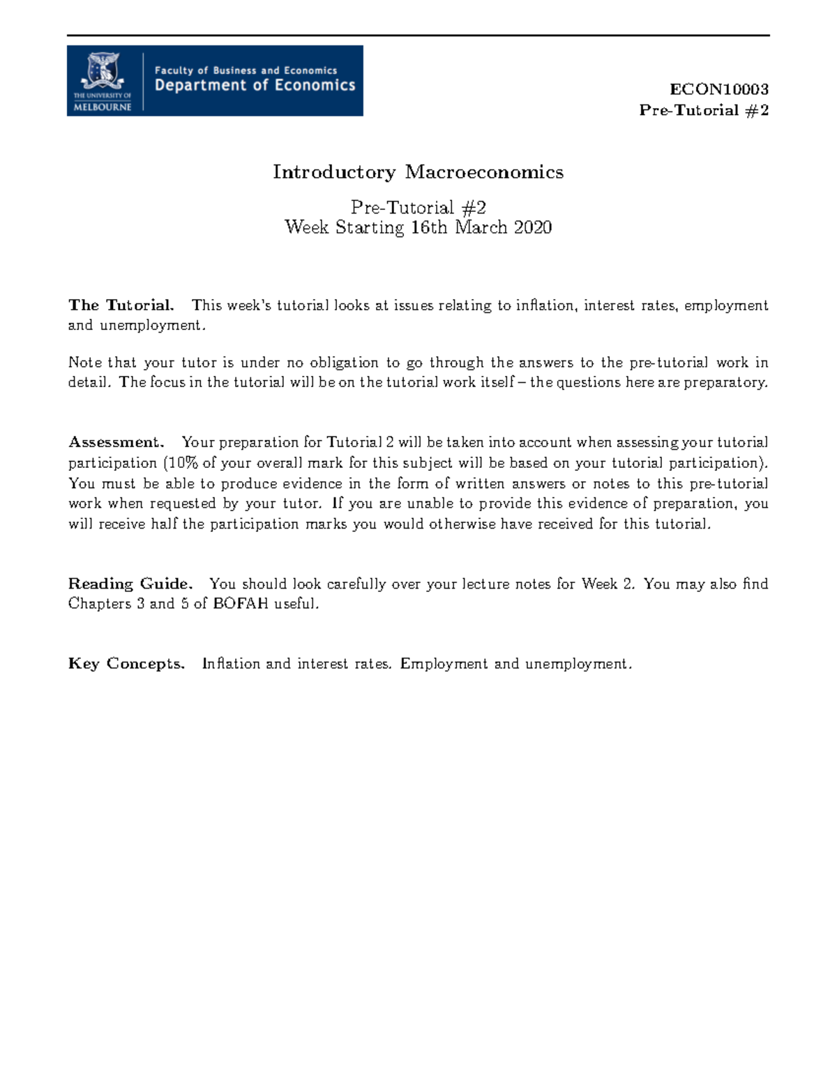 Intro Macro pre tut 2 - ECON Pre-Tutorial # Introductory Macroeconomics Pre-Tutorial Week ...