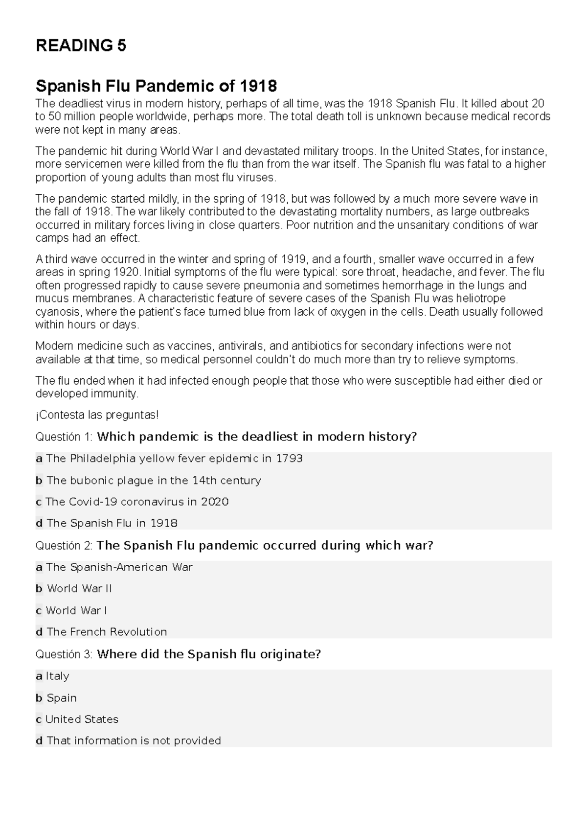 Reading 5 AND Listening - READING 5 Spanish Flu Pandemic of 1918 The ...