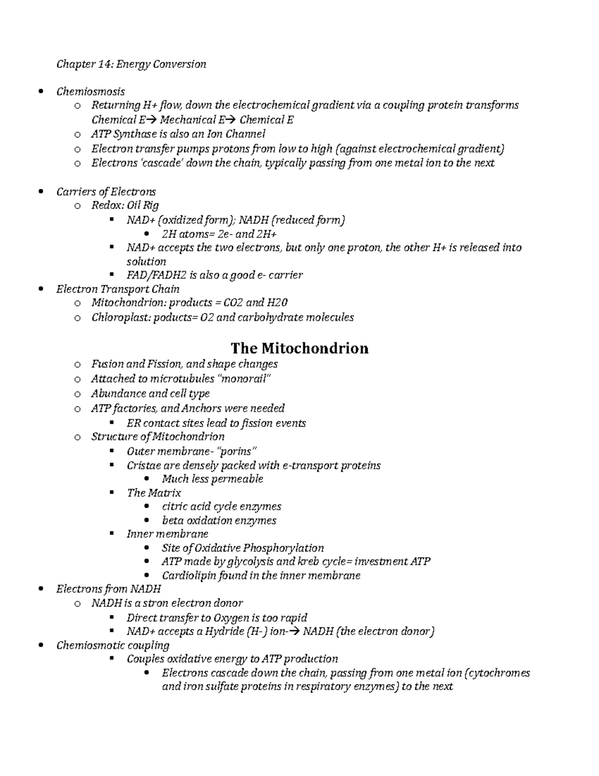Chapter 14 Summary - Chapter 14: Energy Conversion Chemiosmosis o ...