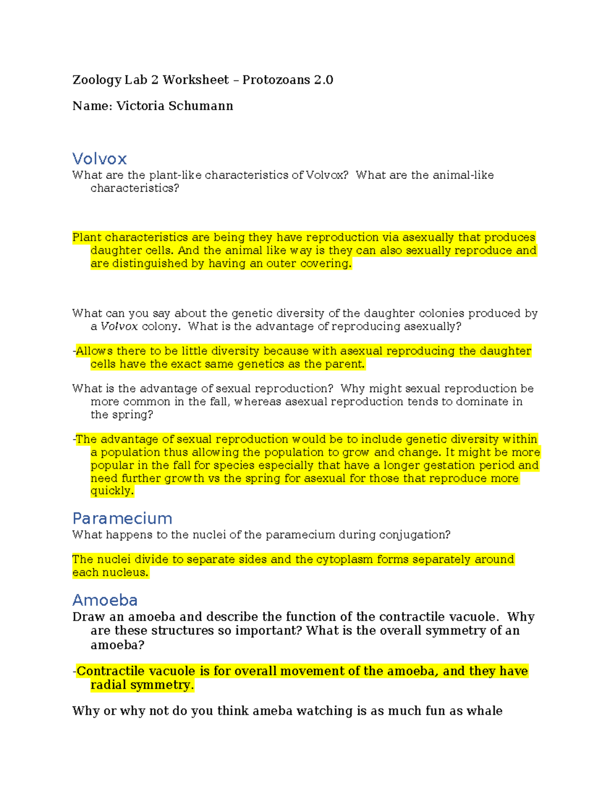 Lab 2 - Protozoa 2.0 worksheet - Zoology Lab 2 Worksheet – Protozoans 2 ...