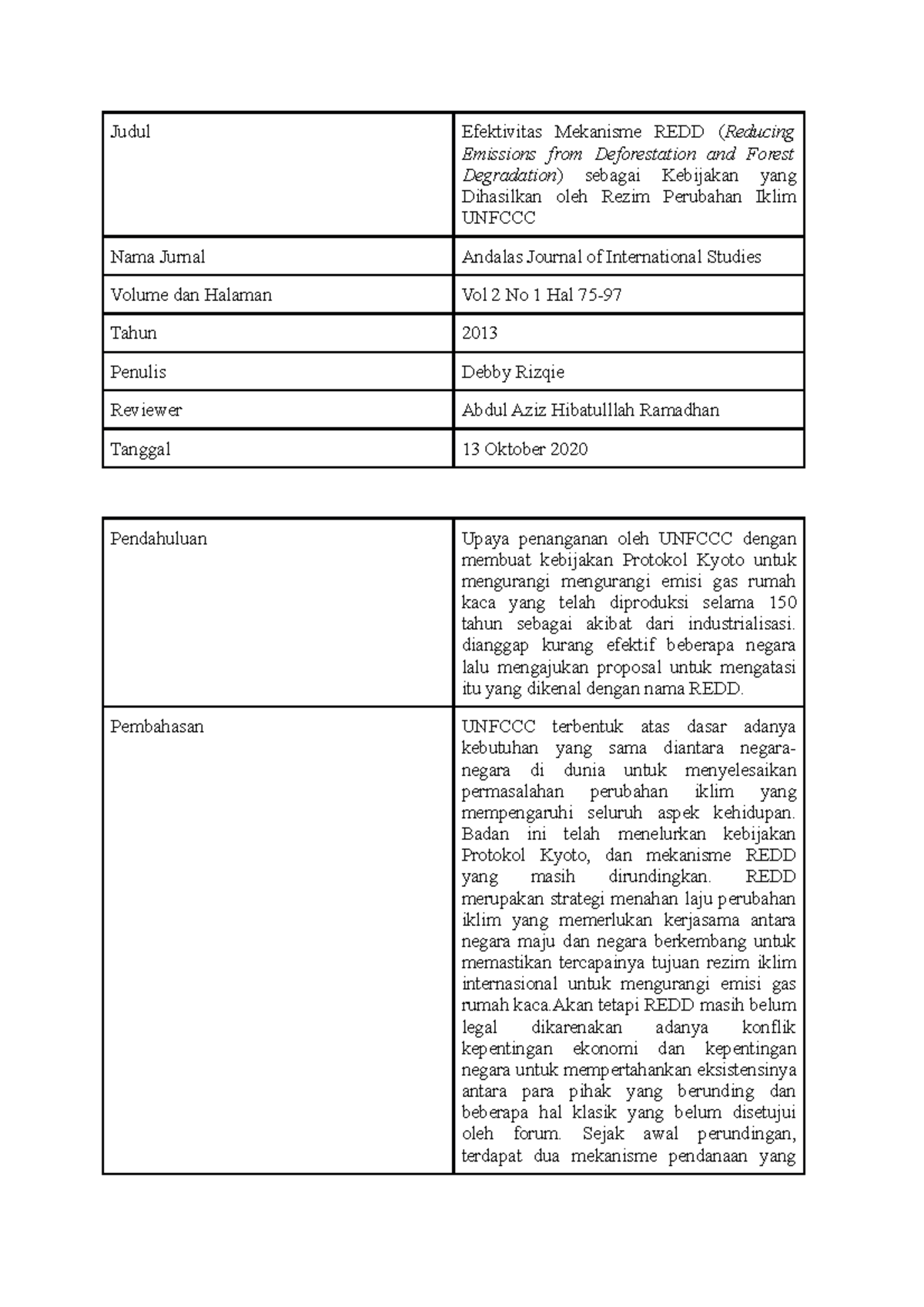 Review Jurnal Efektivitas Mekanisme REDD (Reducing Emissions from ...