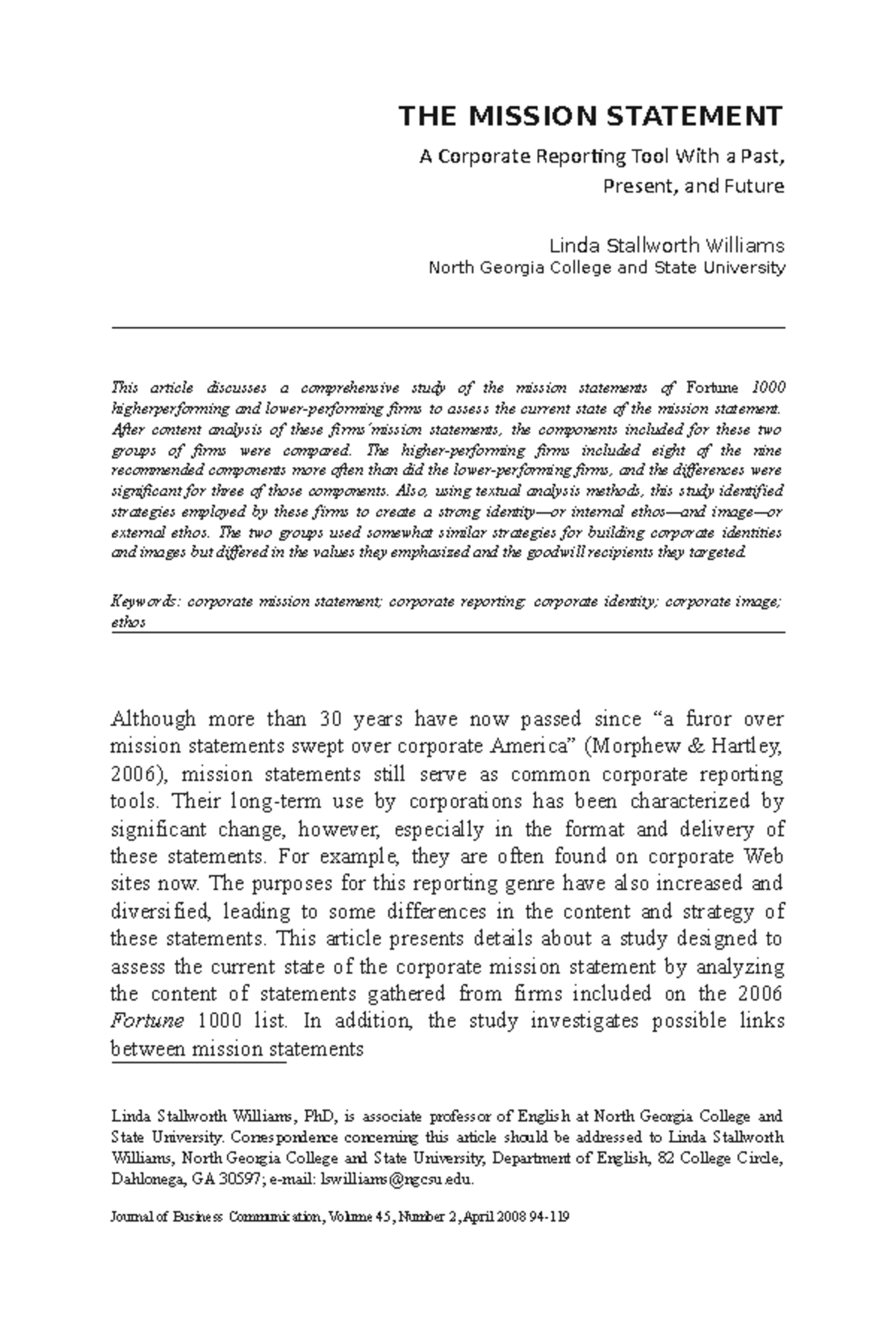 Mission statement - week 4 - THE MISSION STATEMENT A Corporate ...