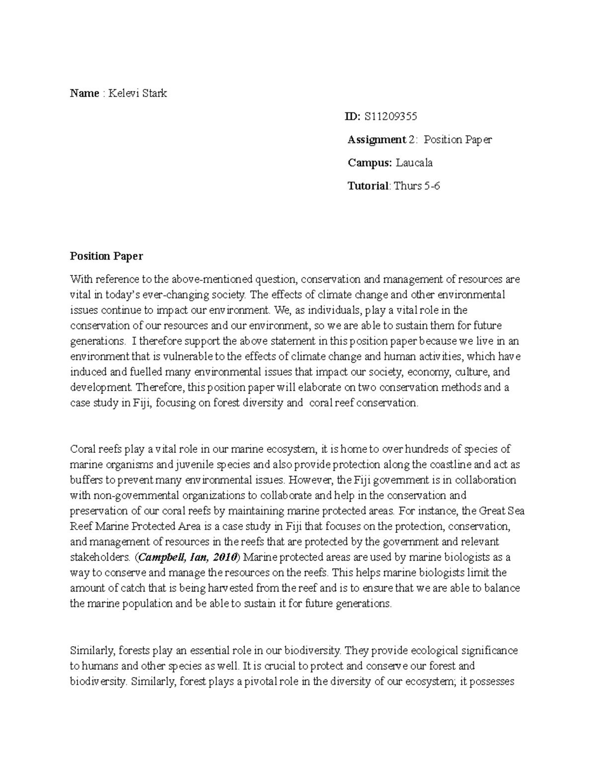 GE304 Position Paper Final - Name : Kelevi Stark ID: S Assignment 2 ...