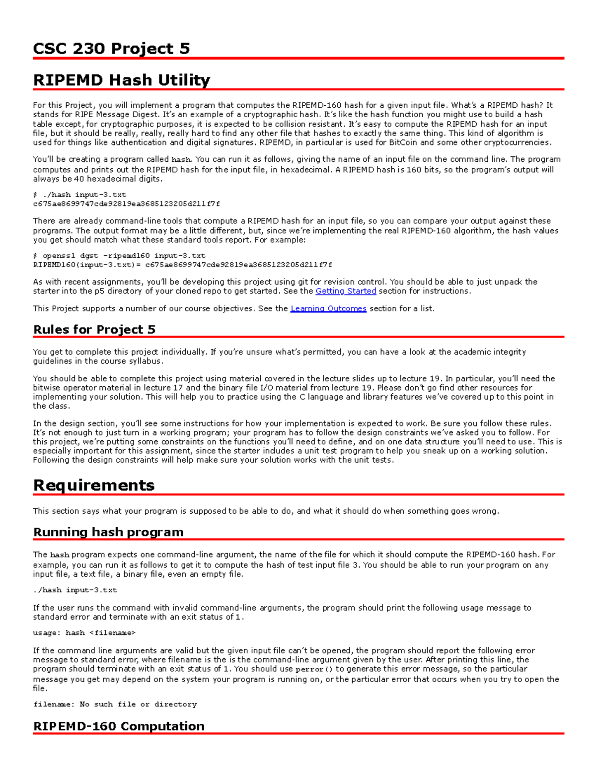 CSC230 Project 5 - xxx - CSC 230 Project 5 RIPEMD Hash Utility For this Project, you will ...
