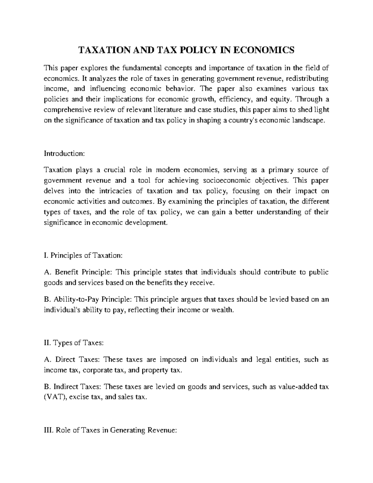 Taxation AND TAX Policy IN Economics - TAXATION AND TAX POLICY IN ...