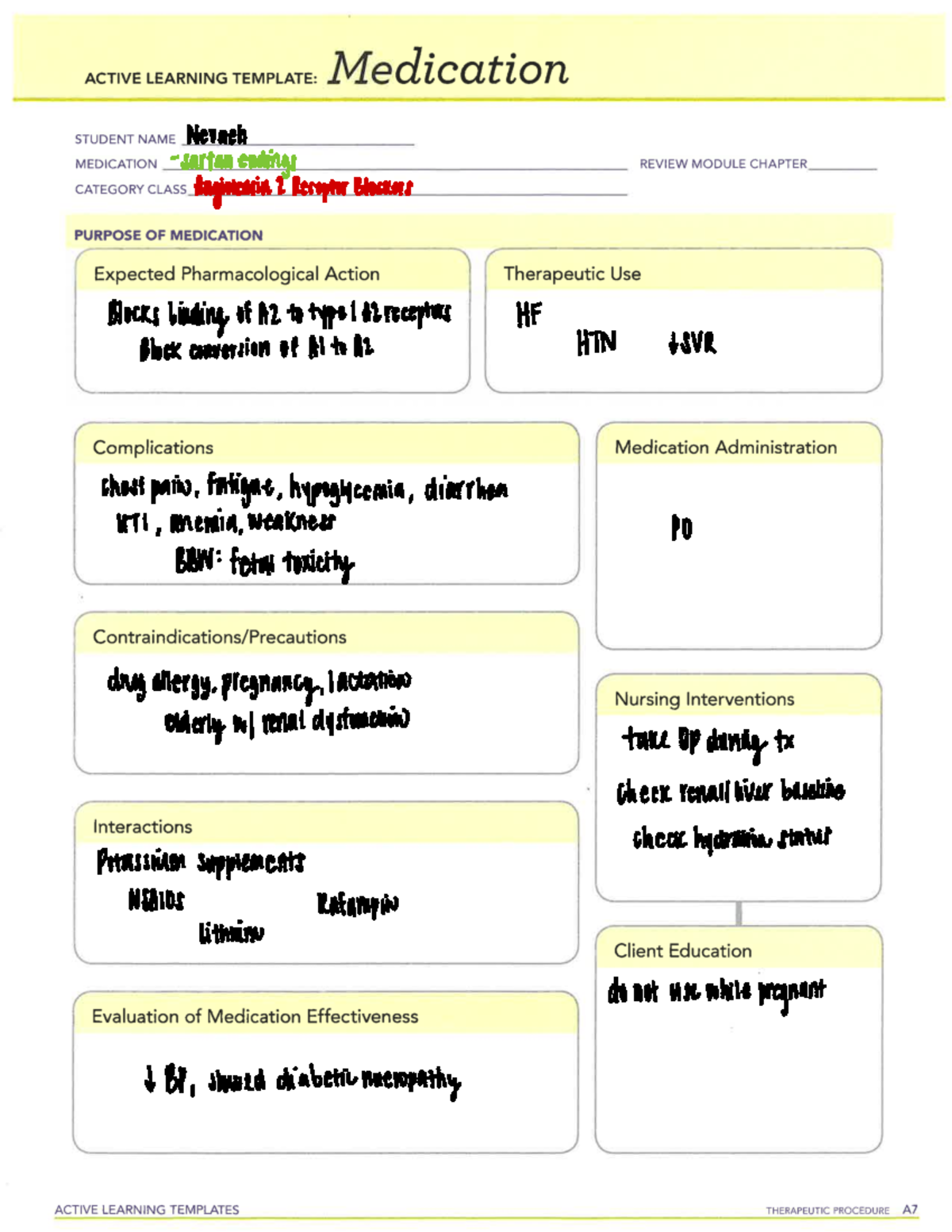 Medication+Active+Learning+Activity - Nevaeh Sartan endings Angiotensia ...
