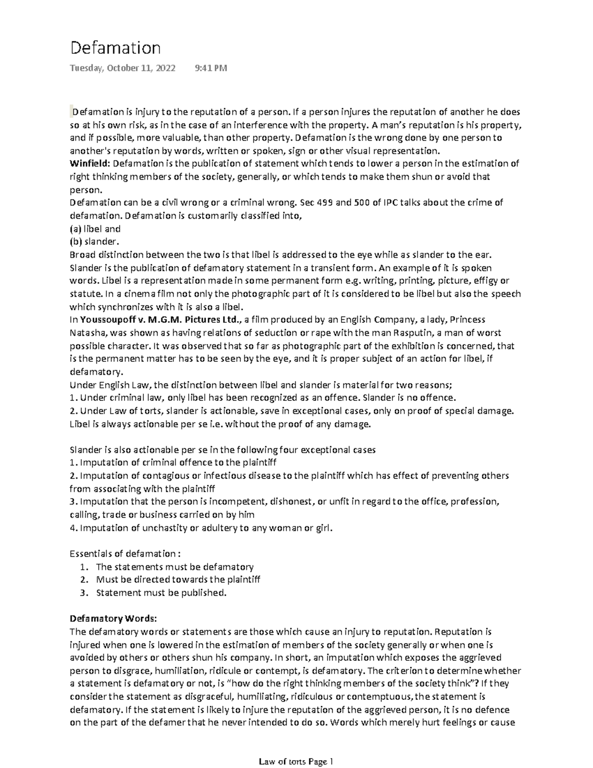 Defamation (as PDF) - torts - Defamation is injury to the reputation of ...