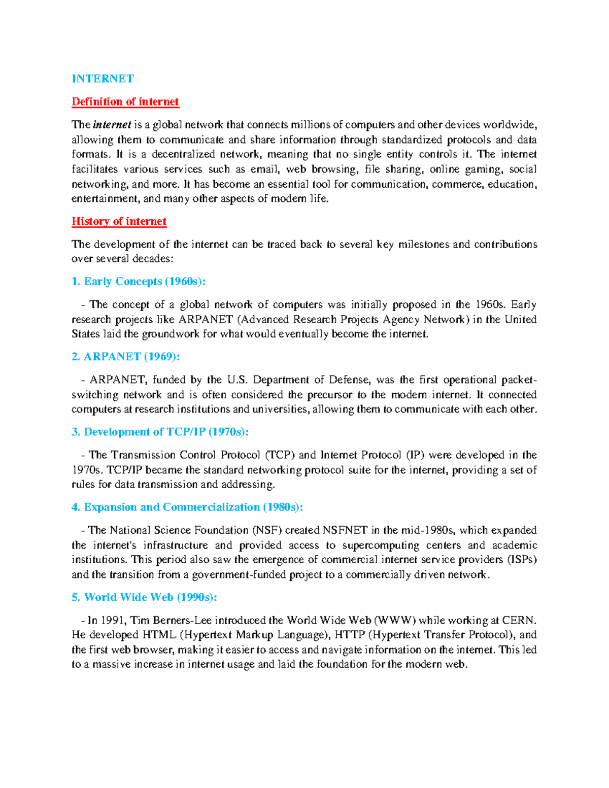 ICT I - Internet notes - INTERNET Definition of internet The internet ...