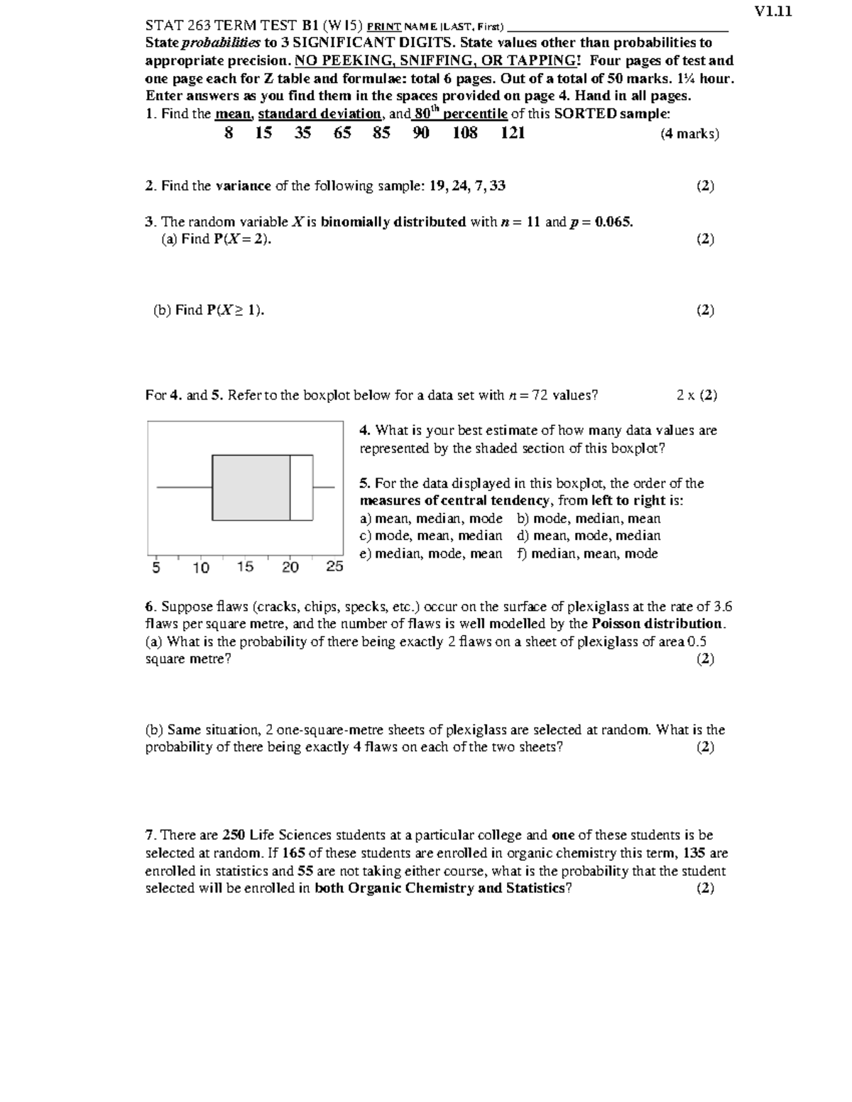 15 W Termtest 4 - 2015 midterm - STAT 263 TERM TEST B1 (W15) PRINT NAME ...
