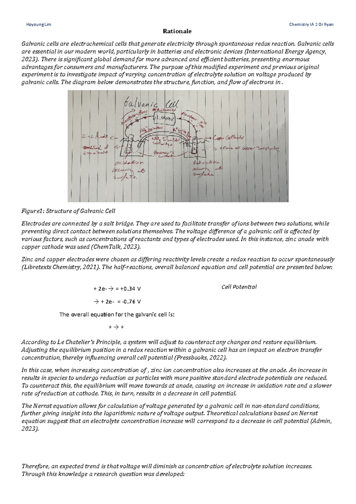 chemistry ia 2 Student experiment 20/20 - Rationale Galvanic cells are electrochemical cells ...