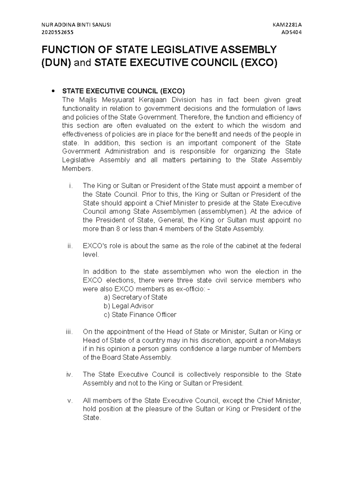 Function OF State EXCO - NUR ADDINA BINTI SANUSI KAM2281A 2020952655 ...