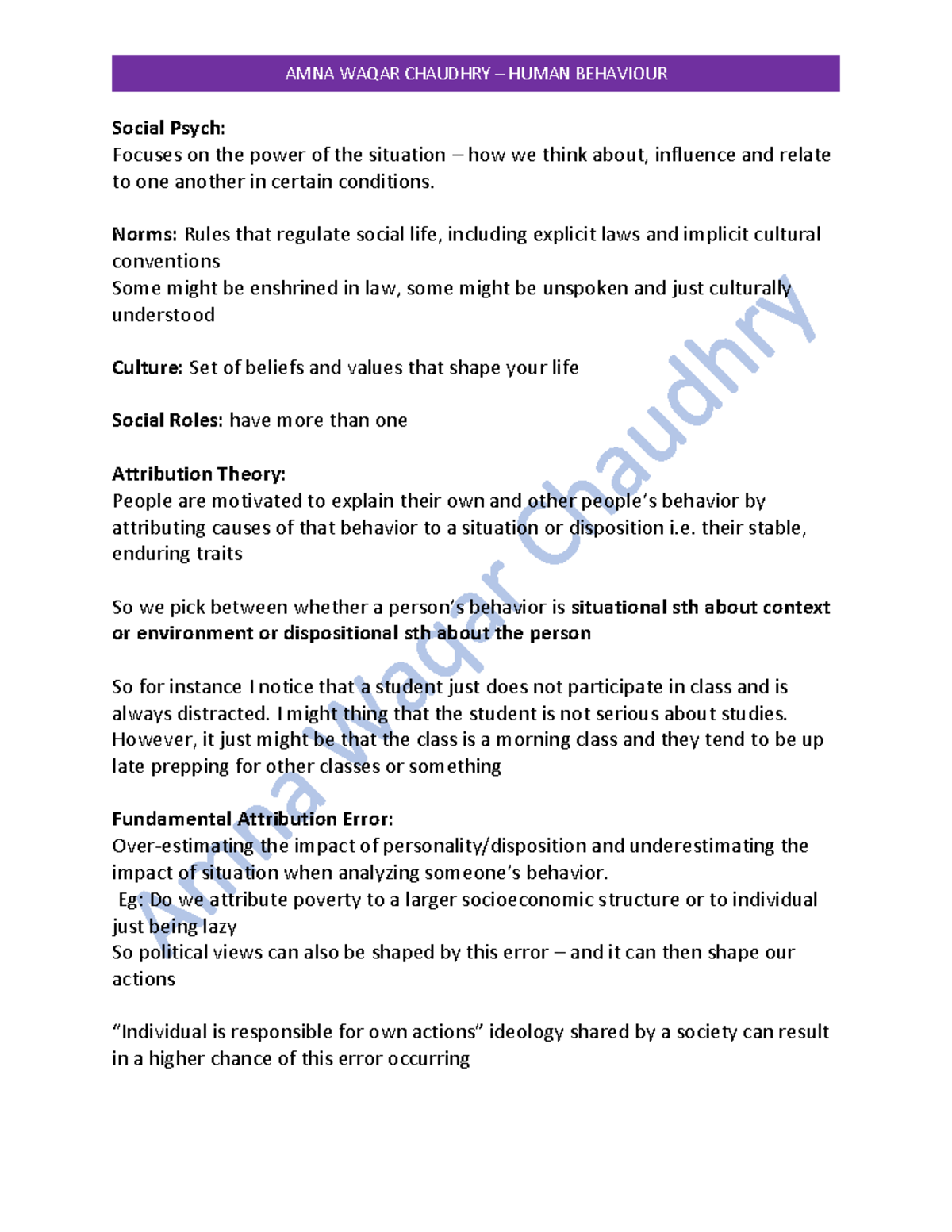 Human Behavior Notes - Social Psych: Focuses on the power of the ...