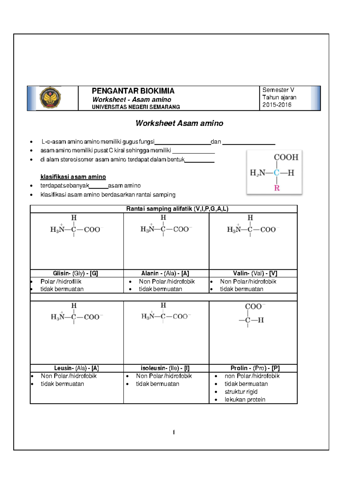 PBL worksheet asam amino - PENGANTAR BIOKIMIA Worksheet - Asam amino ...