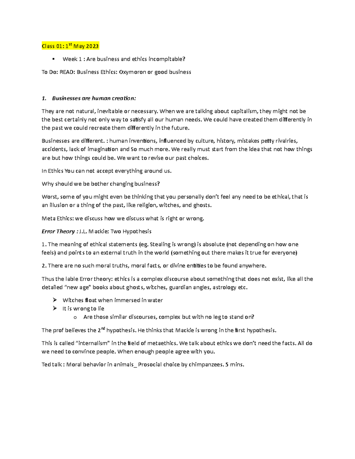 Business Ethics Class Notes - Class 01: 1st May 2023 Week 1 : Are ...