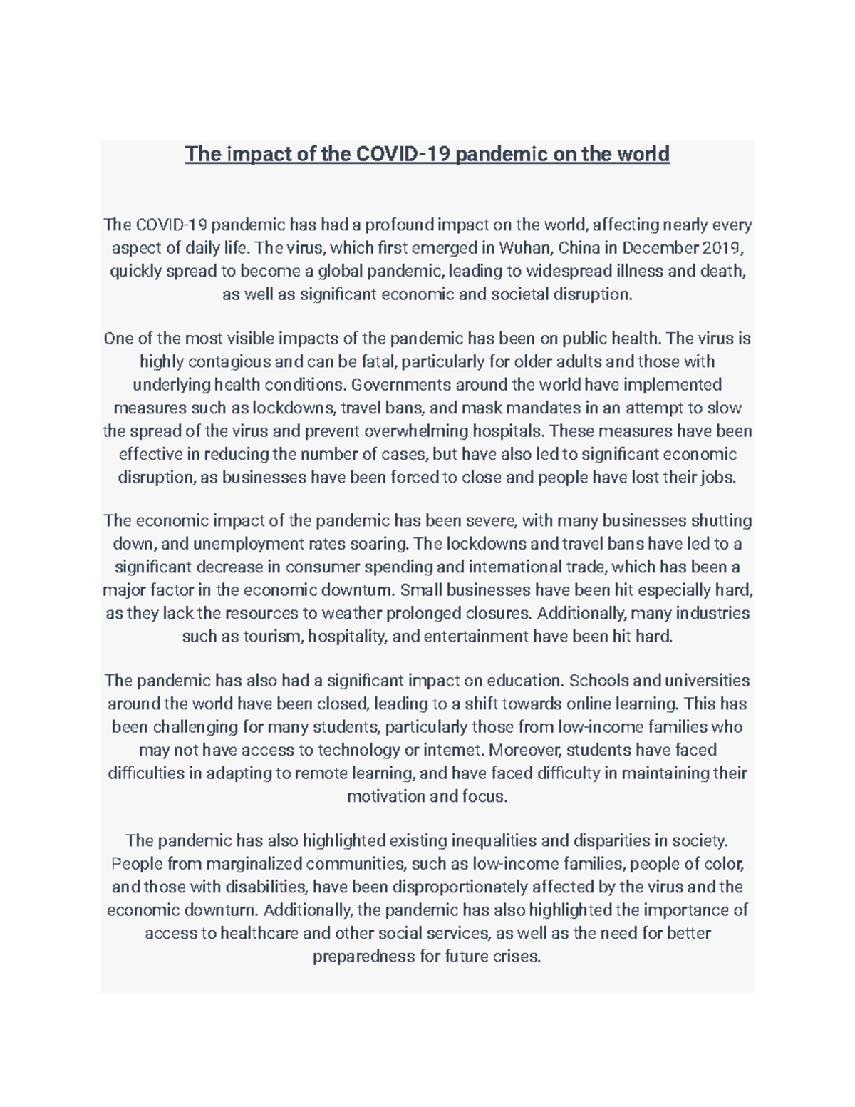 The impact of the Covid-19 pandemic on the world - The impact of the ...