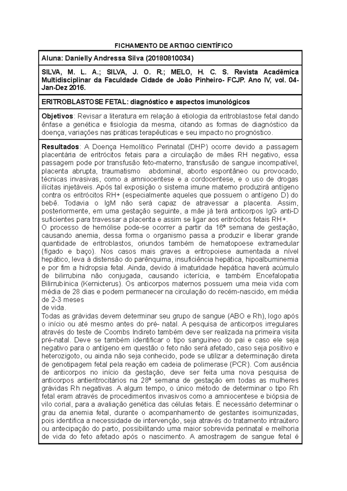 Fichamento 5 - Danielly Silva - FICHAMENTO DE ARTIGO CIENTÍFICO Aluna ...