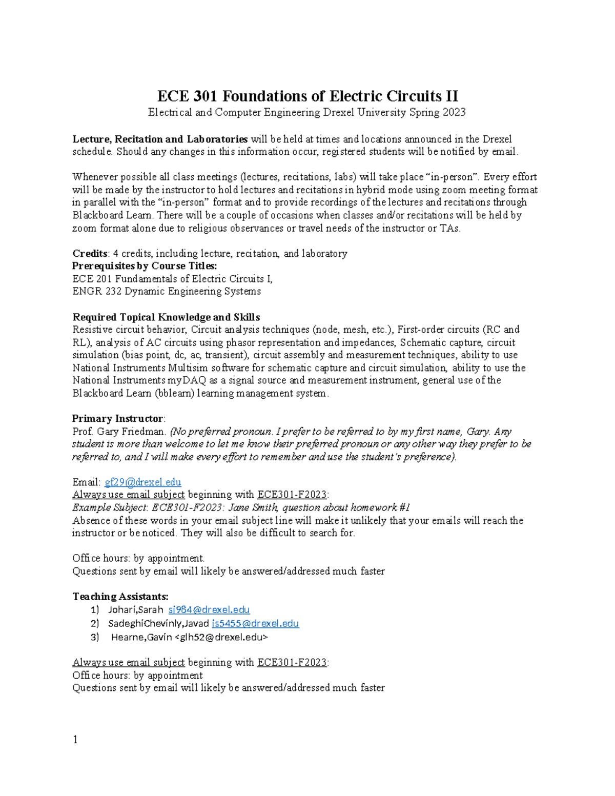 Syllabus ECE301 Fall 2023 - ECE 301 Foundations of Electric Circuits II ...