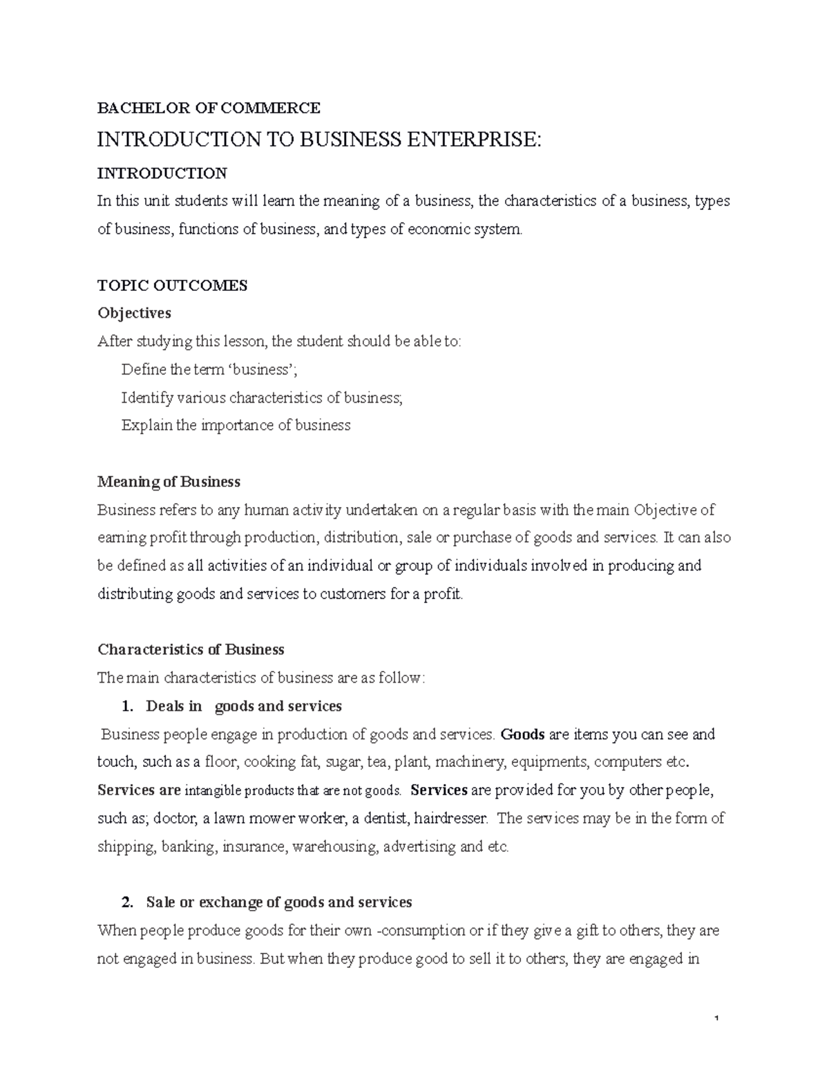 Business studies notes - BACHELOR OF COMMERCE INTRODUCTION TO BUSINESS ...