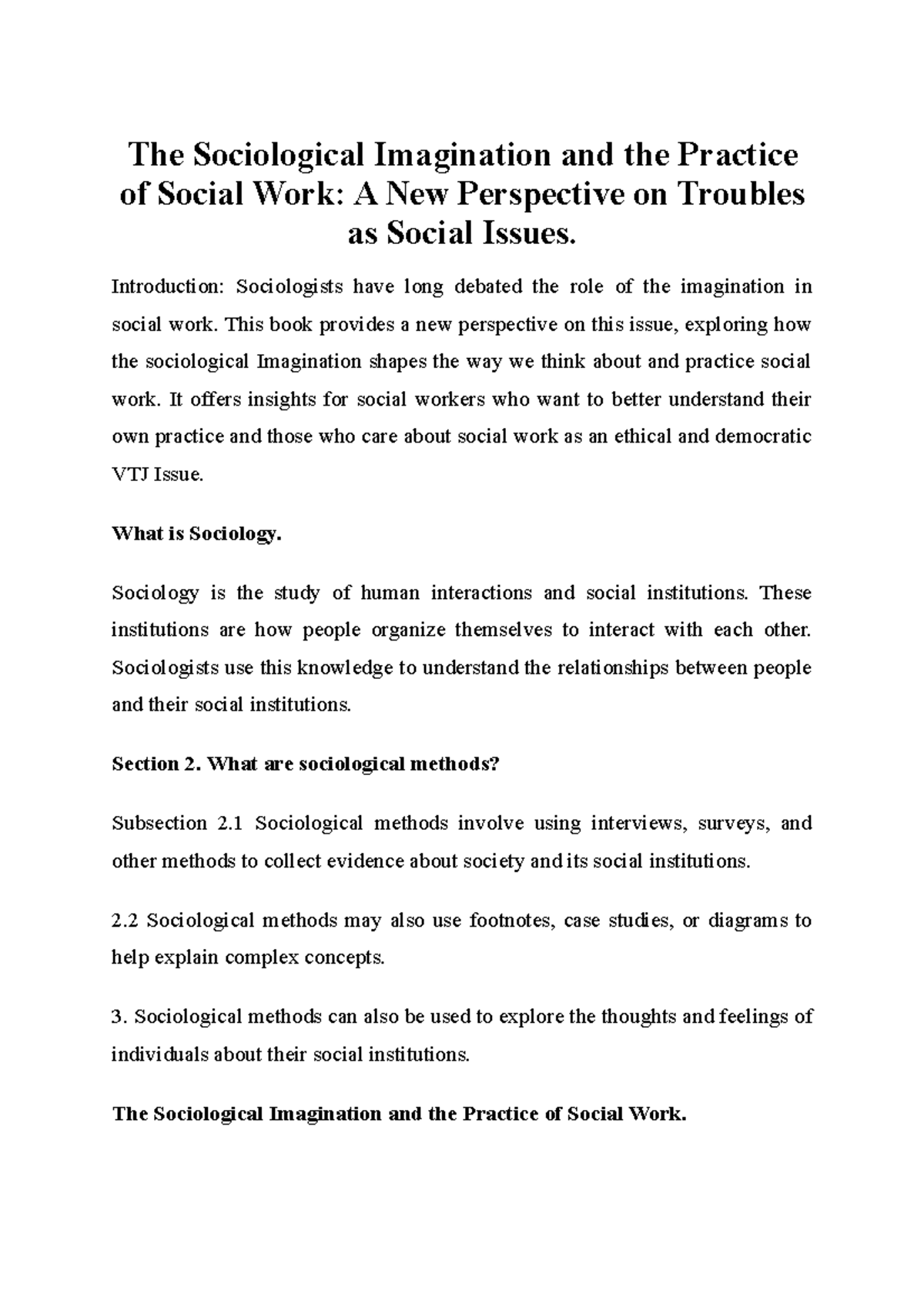 The Sociological Imagination and the Practice of Social Work, A New Perspective on Troubles as ...