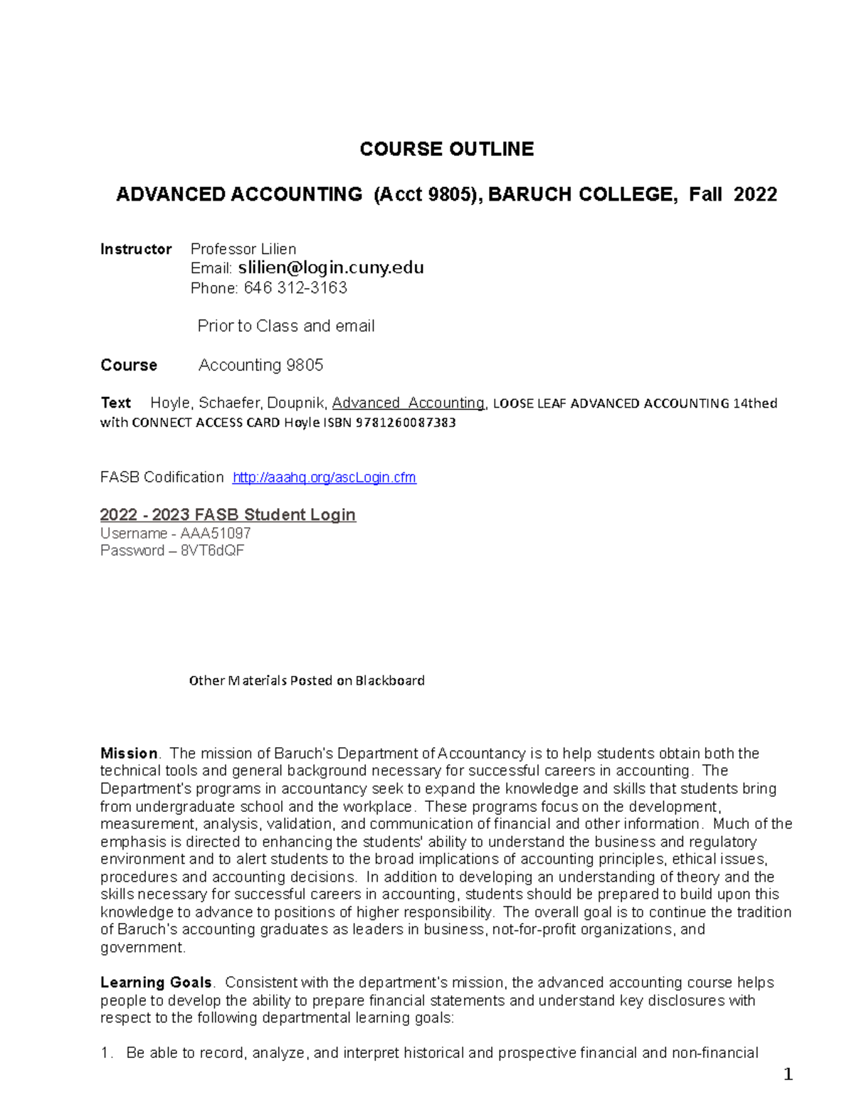 9805 outline 2022use - Syllabus - COURSE OUTLINE ADVANCED ACCOUNTING ...