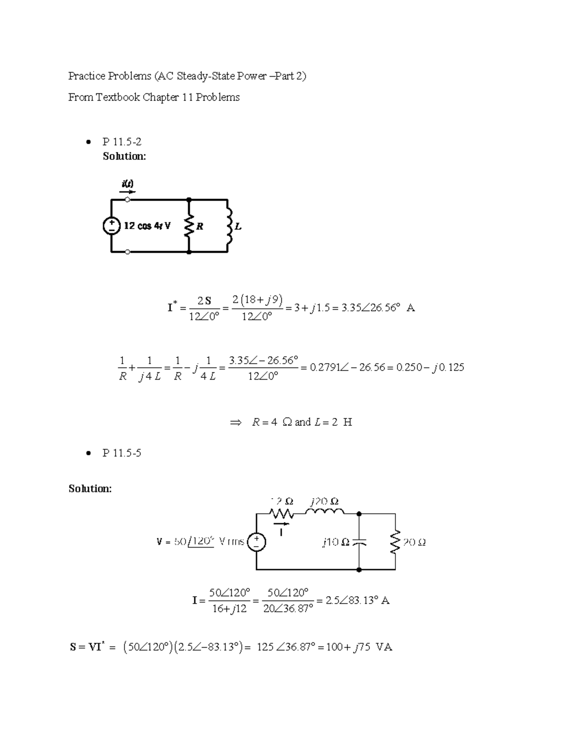 (AC Steady-State Power-Part 2) - Practice Problems (AC Steady-State Power –Part 2) From Textbook ...