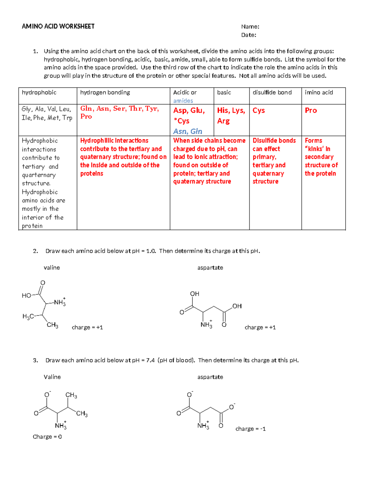 Amino acid worksheet 2 key - AMINO ACID WORKSHEET Name: Date: 1. Using ...