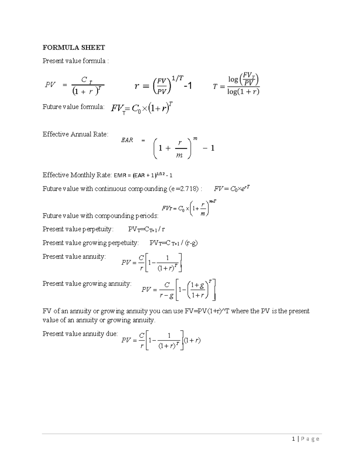 Quiz 1 Formula Sheet 2023 1 P A G E FORMULA SHEET Present Value quiz-1-formula-sheet-2023-1-p-a-g-e-formula-sheet-present-value