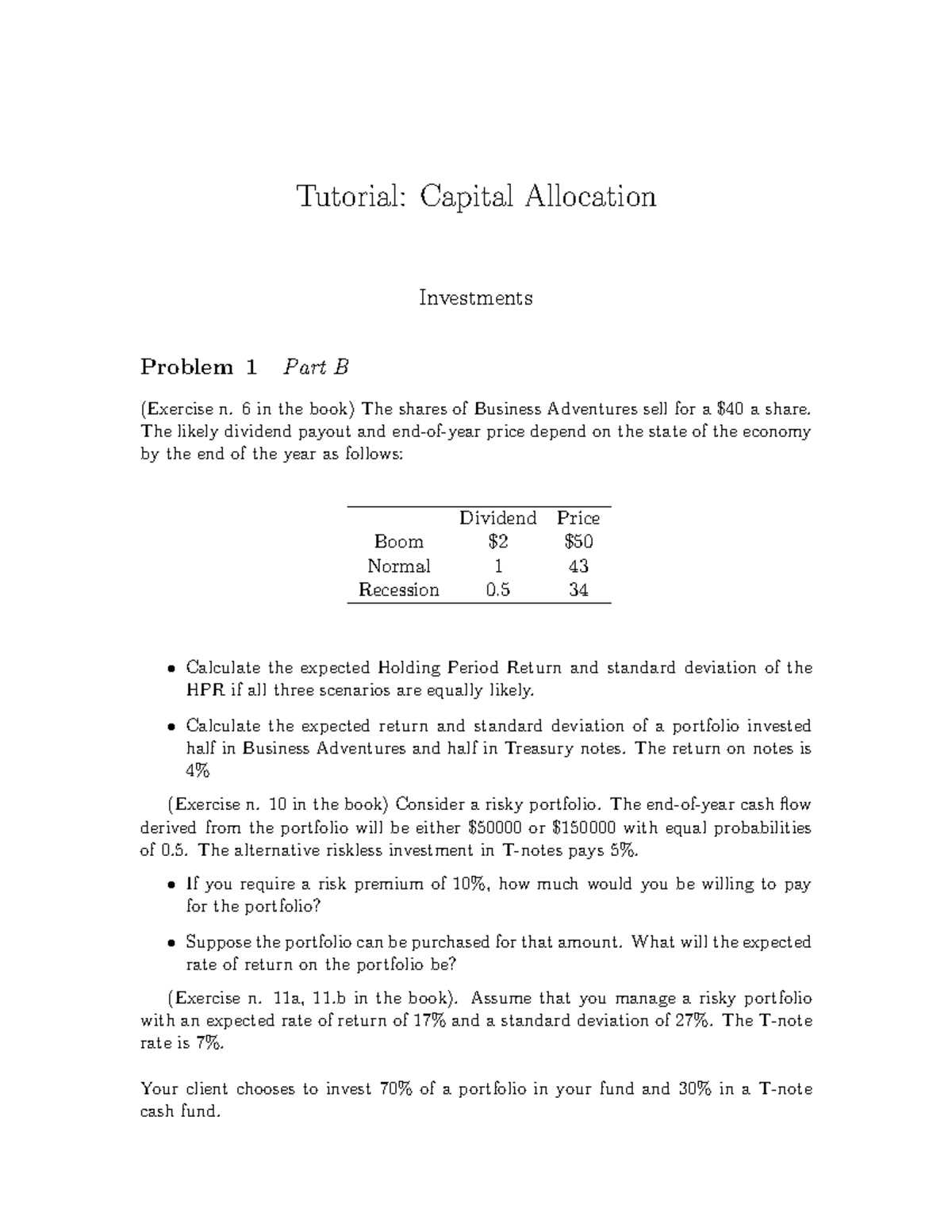 FNCE30001 Investments: Tutorial 1 – Capital Allocation - Tutorial ...