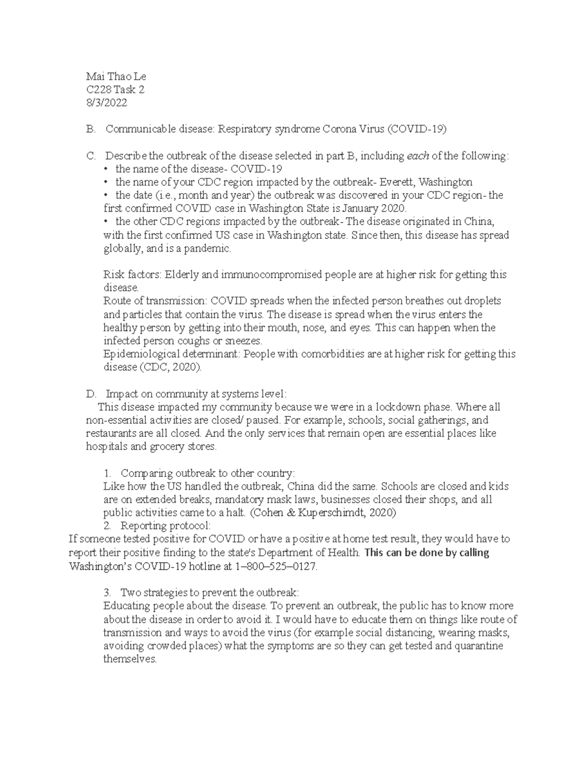 C228 task 2 - task2 - Mai Thao Le C228 Task 2 8/3/ B. Communicable ...