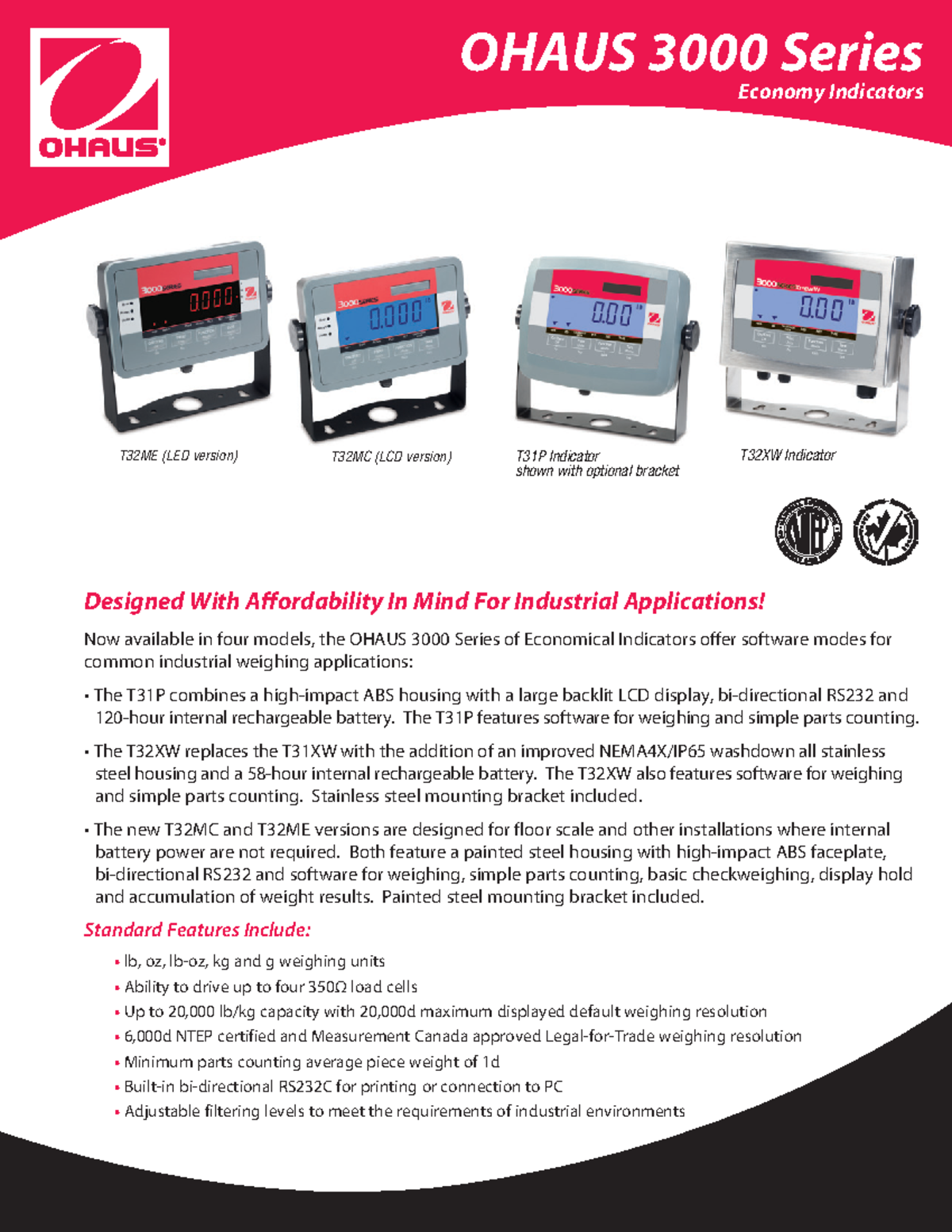 Hoja-Tecnica Ohaus T31P T32XW(EN) - OHAUS 3000 Series Economy ...