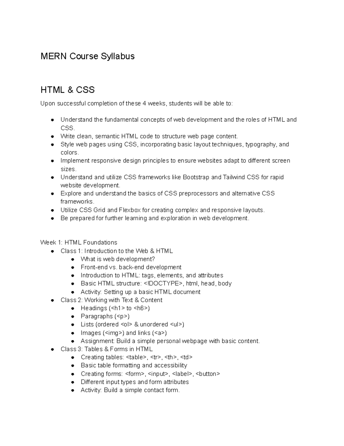 MERN Course Syllabus - Nice - MERN Course Syllabus HTML & CSS Upon successful completion of ...