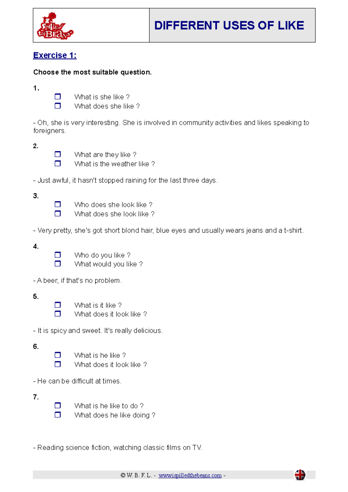 Exercises Uses of Like - DIFFERENT USES OF LIKE Exercise 1: Choose the ...
