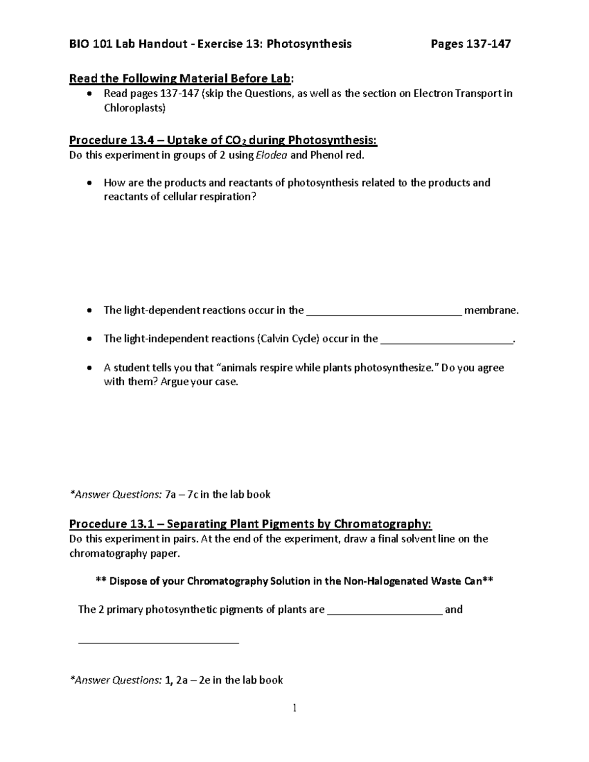 Photosynthesis Handout-F17 - BIO 101 Lab Handout - Exercise 13 ...
