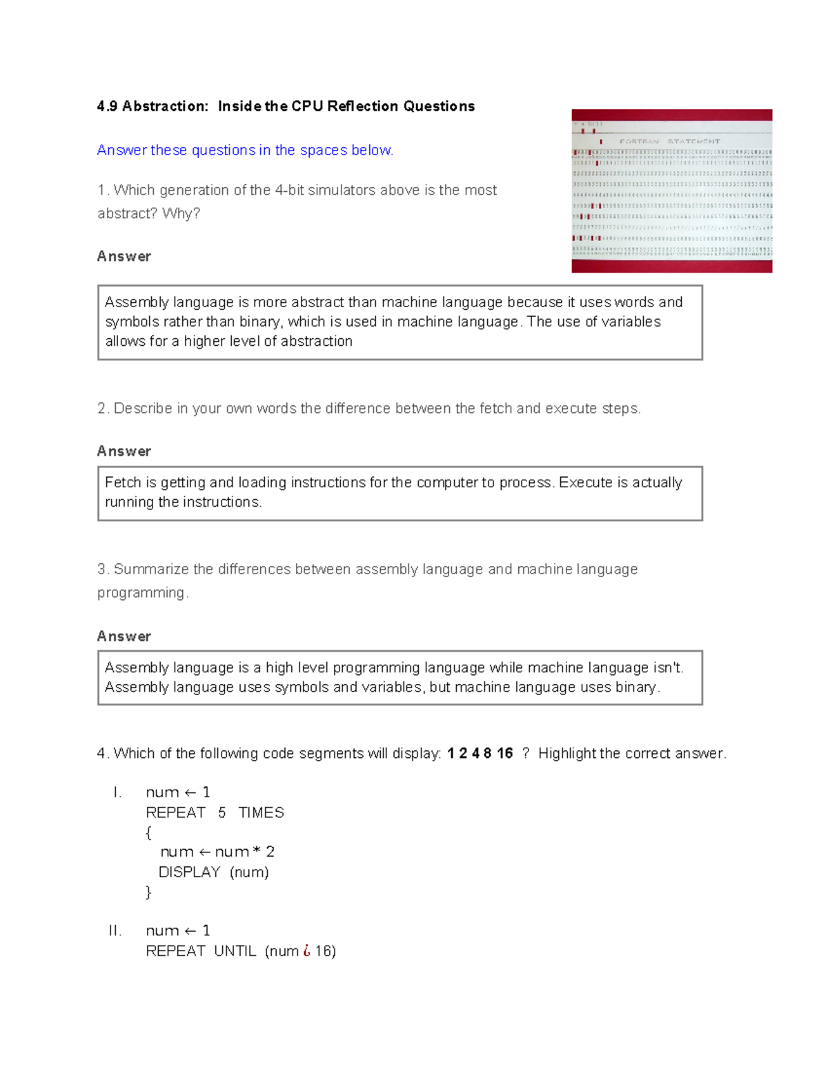4.9 Reflection Questions - 4 Abstraction: Inside the CPU Reflection ...