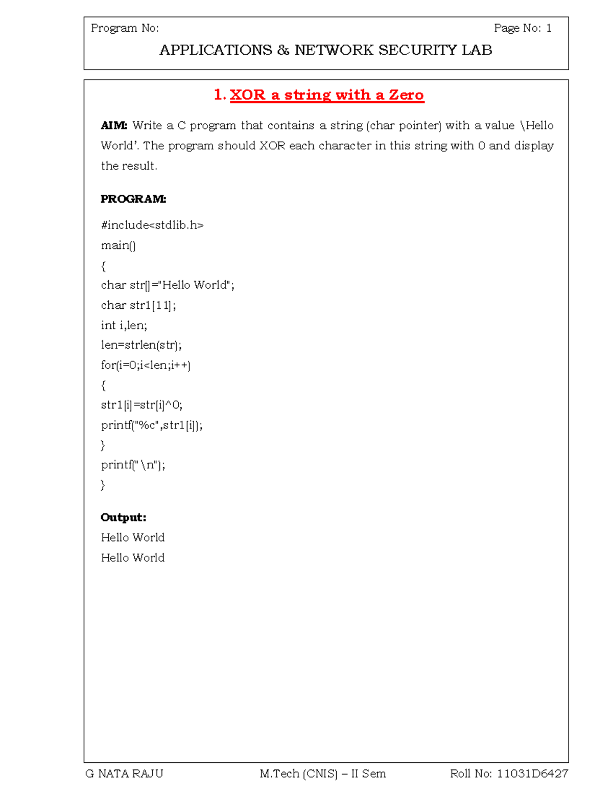 317203937 Ans Lab Record - APPLICATIONS & NETWORK SECURITY LAB 1. XOR a ...